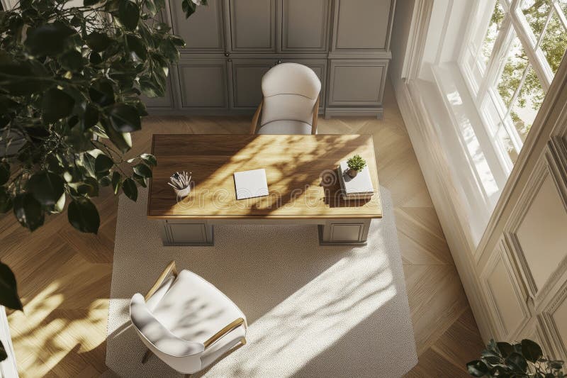 A Panoramic View of an Office Interior with a Work Desk and Laptop ...