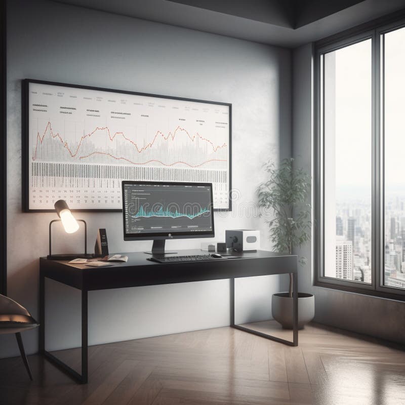 Panoramic View of an Office with Uptrend Financial Chart on Computer ...