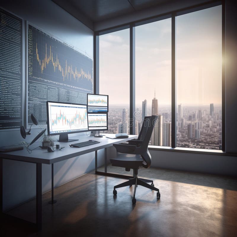 Panoramic View of an Office with Uptrend Financial Chart on Computer ...