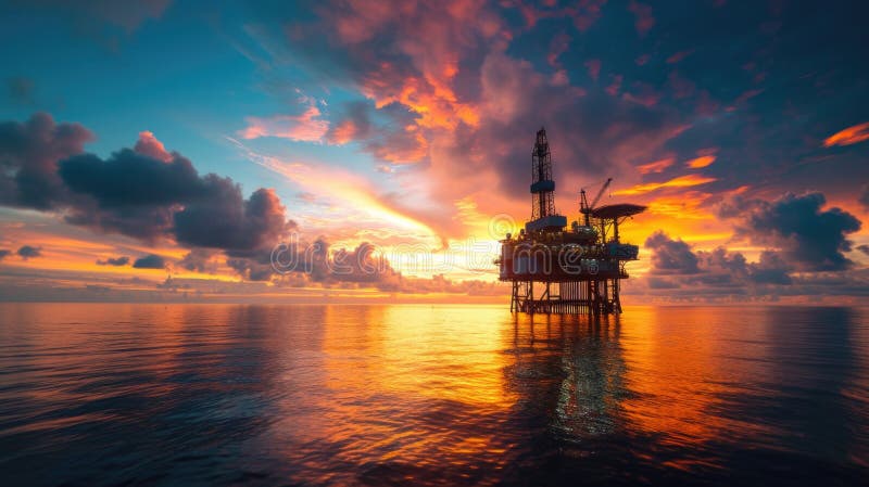 A Panoramic View of an Oil Rig at Dawn, with Workers Starting Their ...