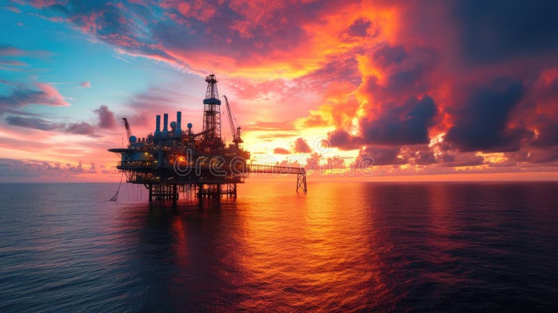 A Panoramic View of an Oil Rig at Dawn, with Workers Starting Their ...