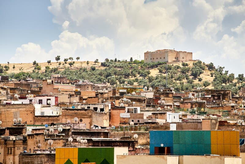 Panoramic view of old Fez stock image. Image of town - 218212235