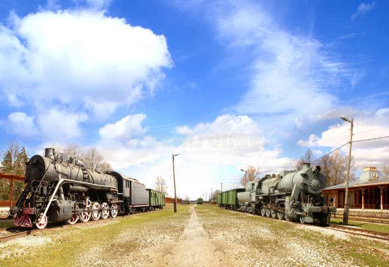Panoramic View on an Old Railway with Two Trains Stock Image - Image of ...