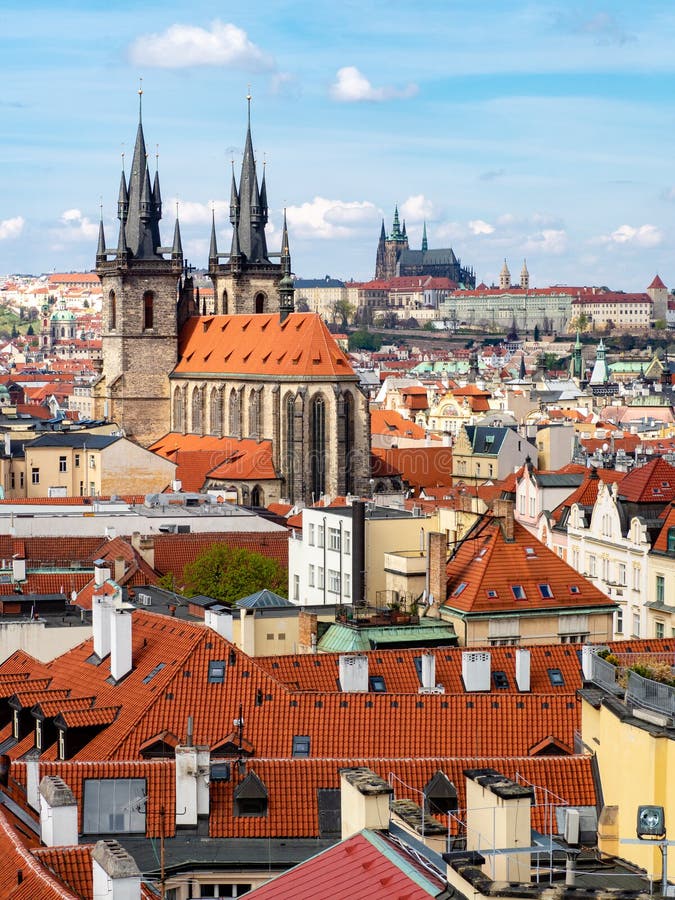 Panoramic View of the Old Town of Prague, Czech Republic, with Red ...