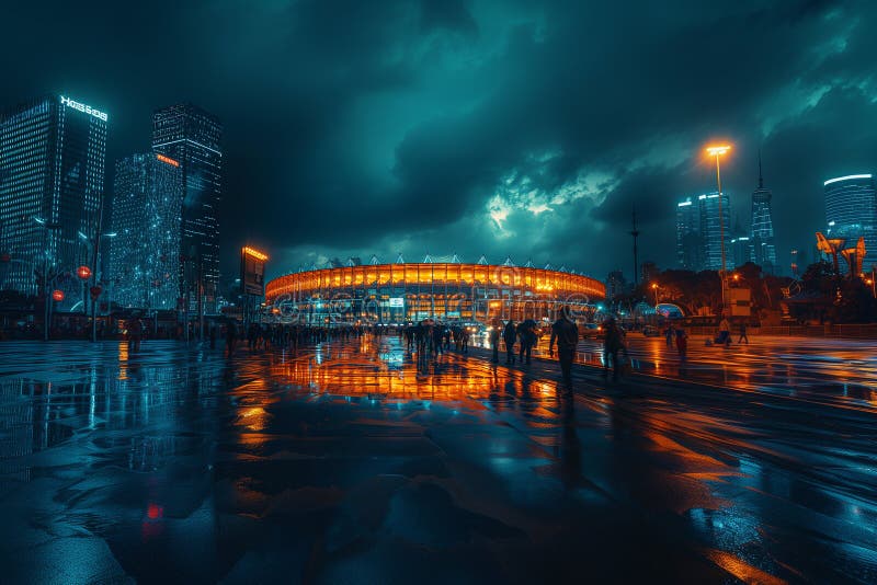 Panoramic View of the Olympic Stadium Illuminated at Night, Bustling ...