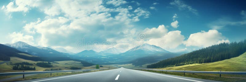 Panoramic View of an Open Road Leading through a Scenic Mountain ...