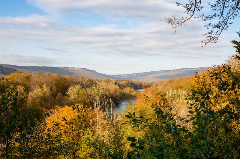 Panoramic View Over Colorful Mountain Valley with River Fall Sea Stock ...