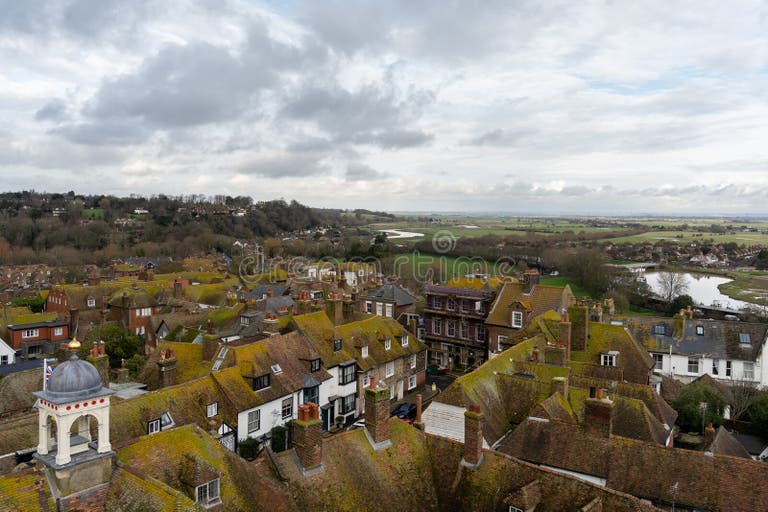 Panoramic View Over Rooftops of Rye with Cloudy Sky and River in ...