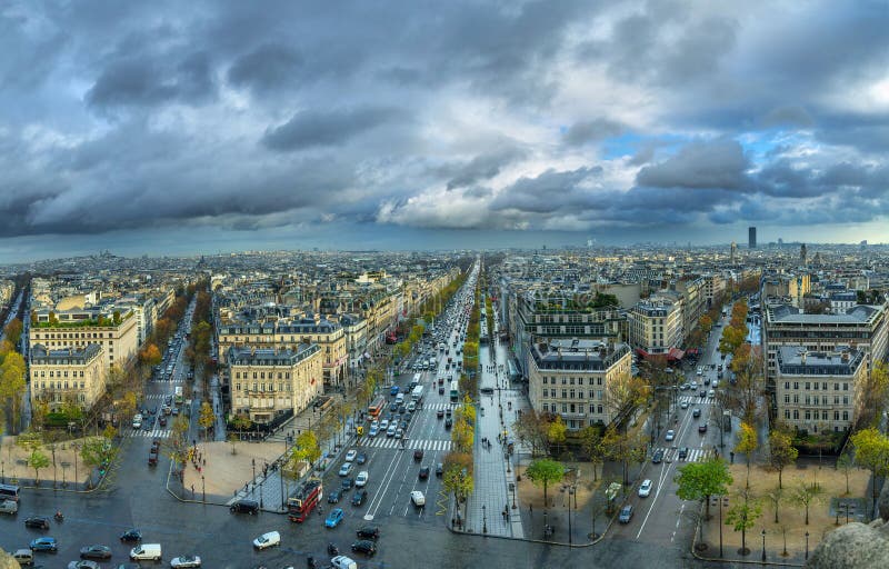 Panoramic View of Paris from the Arc De Triomphe. Autumn. Rain Stock ...
