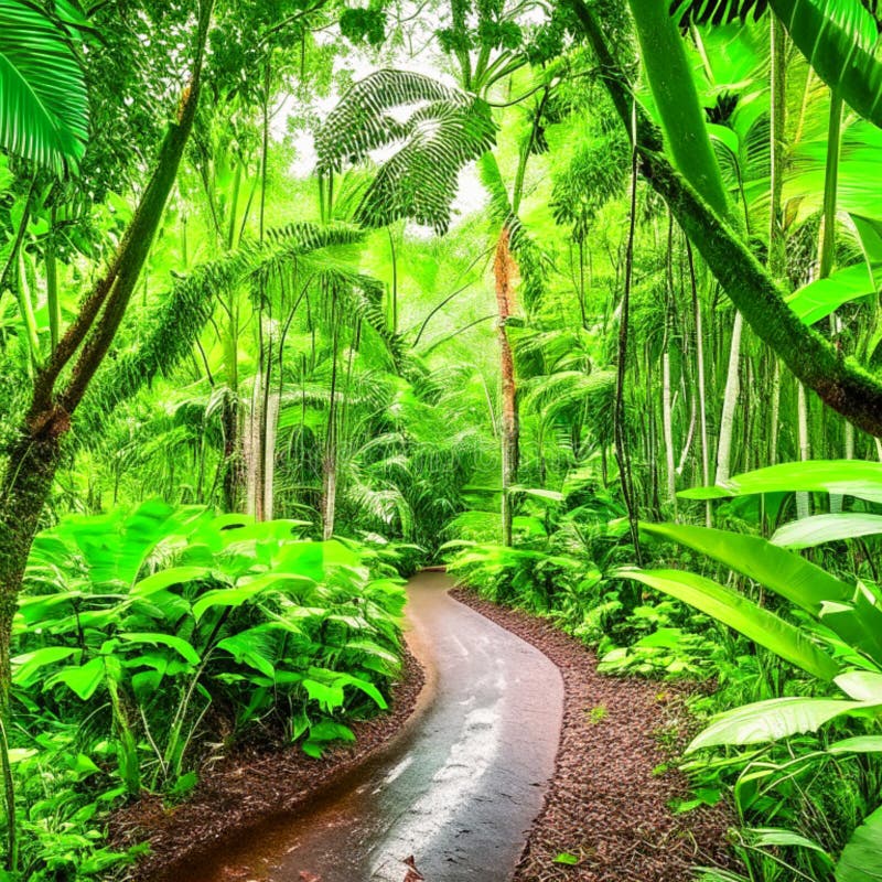 Panoramic View of a Path in a Green Tropical Forest. Generative AI ...