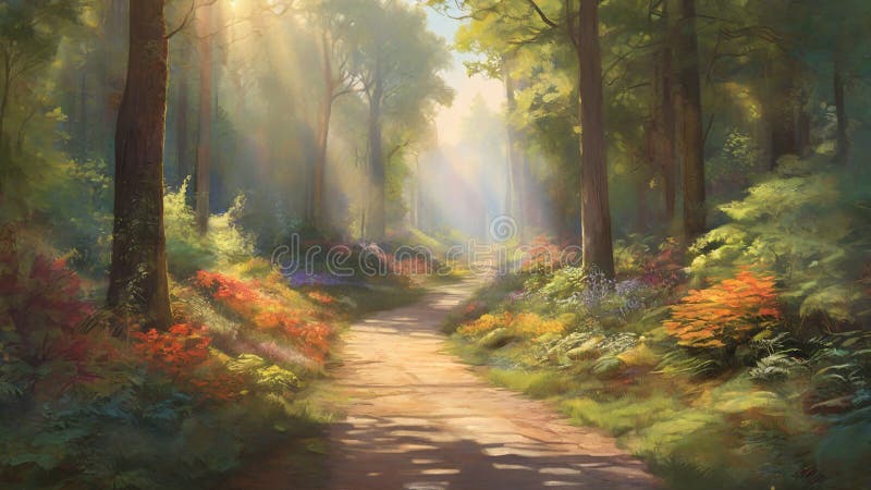 A Panoramic View of a Path through Summer Forest, with Towering Trees ...