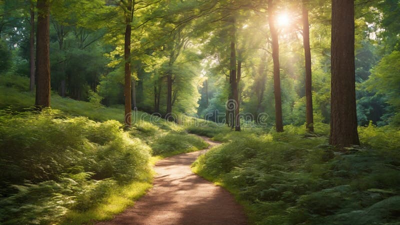 A Panoramic View of a Path through Summer Forest, with Towering Trees ...