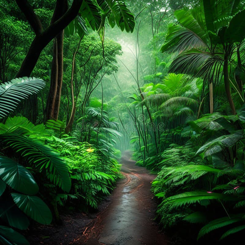Panoramic View of a Path in a Tropical Forest with Lush Greenery ...