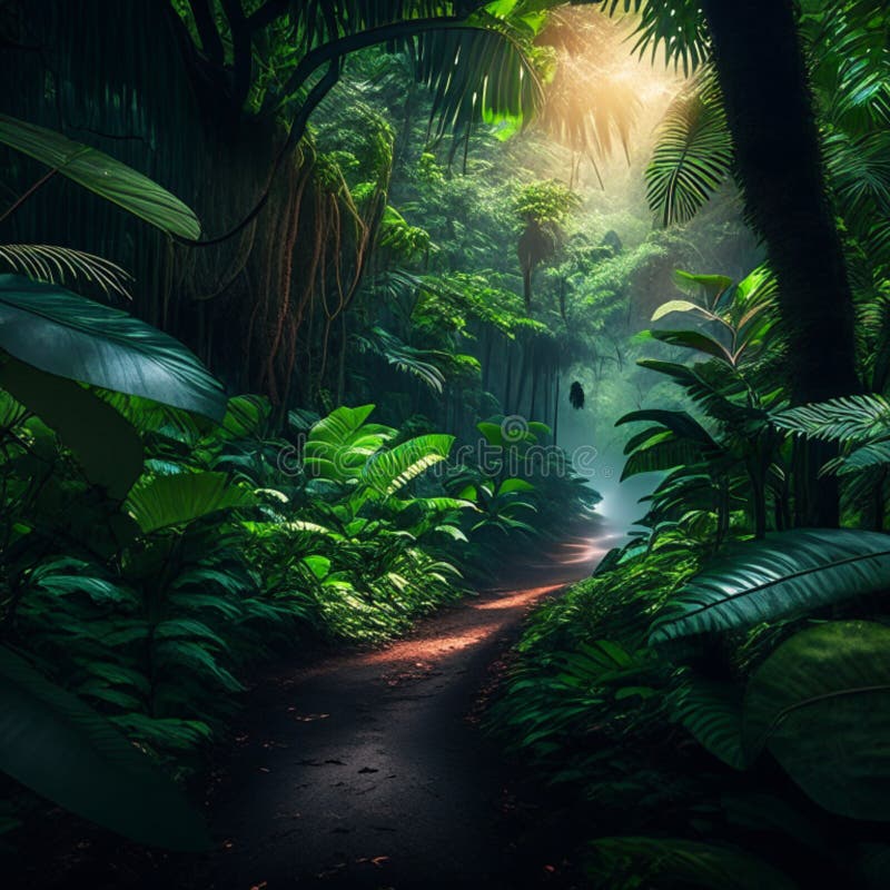 Path in a Tropical Rainforest. Panoramic View of a Path in the Jungle ...