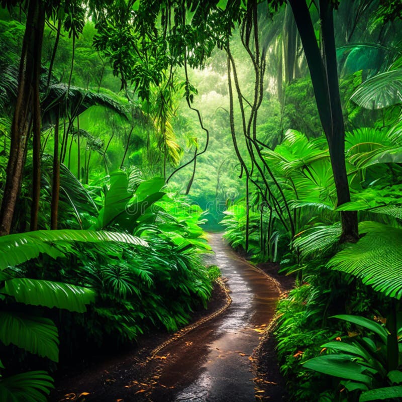 Path in a Green Tropical Rainforest. Panoramic Image Stock Illustration ...