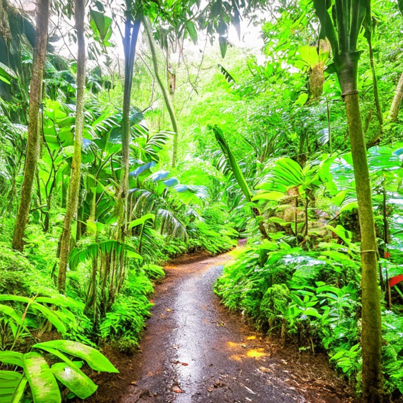Pathway through a Tropical Rainforest in the Evening. Panorama ...