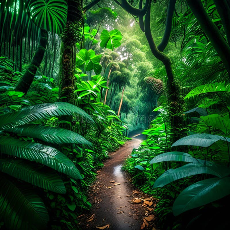 Pathway through a Tropical Rainforest in the Evening. Panorama ...