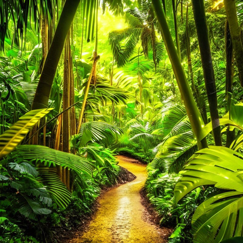 Pathway through a Tropical Rainforest in the Evening. Panorama ...