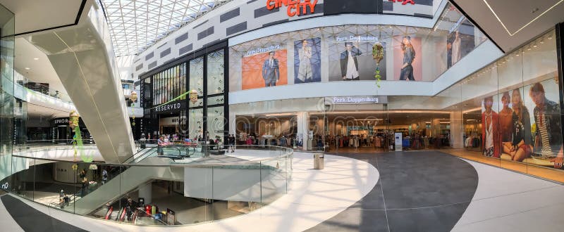 Panoramic View People Crowd Rush Shopping Luxury Mall Interior Stock ...