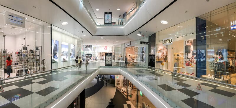 Panoramic View of People Crowd Rush in Shopping Luxury Mall Interior ...