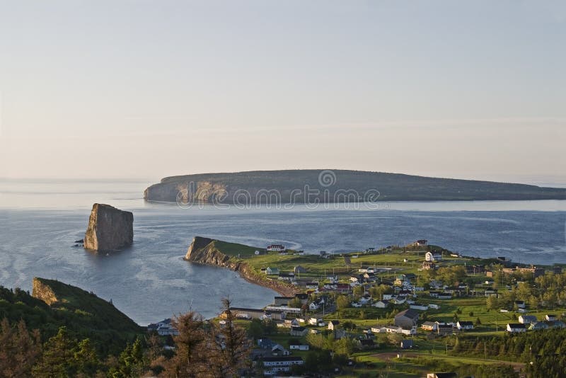 Panoramic View Of Perce Village And Perce Rock, Gaspe Stock Photo ...
