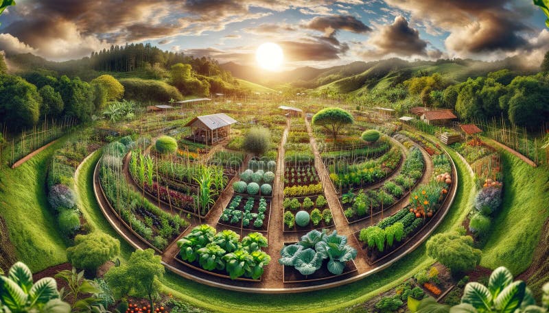 Panoramic View of a Permaculture Garden with Diverse Crops and ...