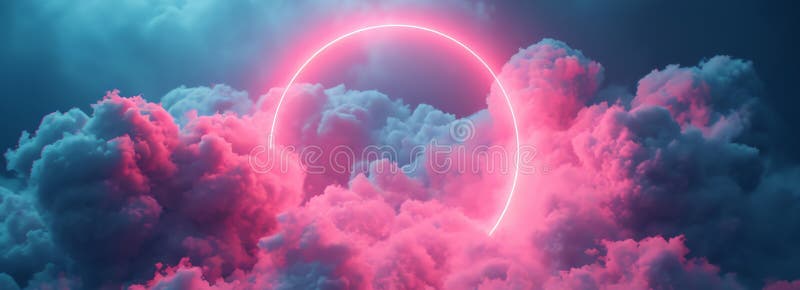 Panoramic View of Pink Light Circle Behind Clouds, AI Generated Stock ...