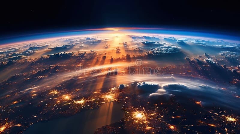Panoramic View on Planet Earth Globe from Space. Glowing City Lights ...