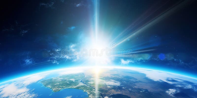 Panoramic View on Planet Earth Globe from Space with Rising Sun ...