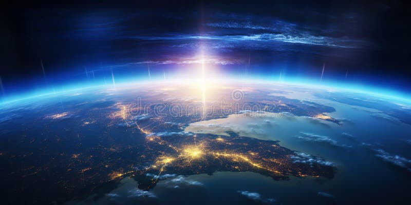 Panoramic View on Planet Earth Globe from Space with Rising Sun ...