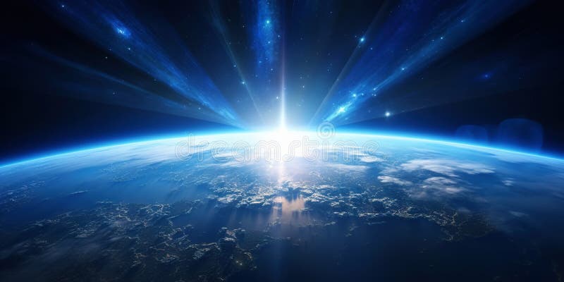 Panoramic View on Planet Earth Globe from Space with Rising Sun ...