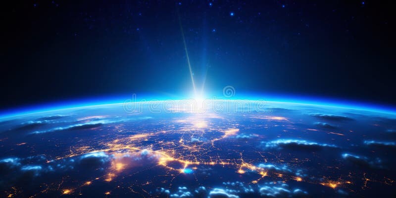 Panoramic View on Planet Earth Globe from Space with Rising Sun ...