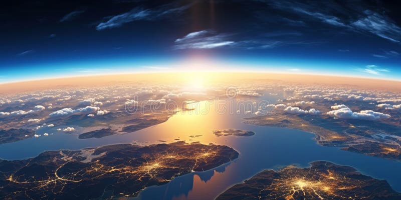 Panoramic View on Planet Earth Globe from Space with Rising Sun ...