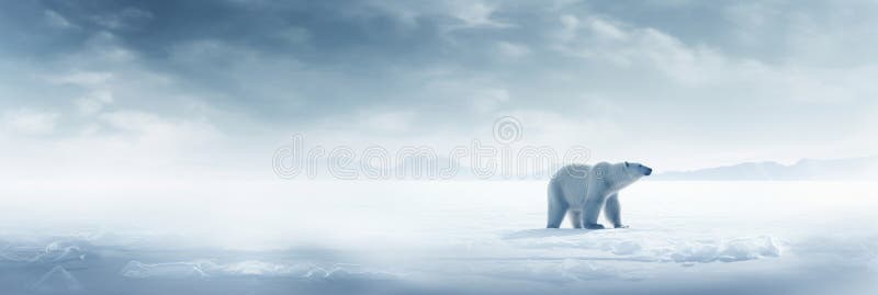 Panoramic View of Polar Bear Stand in Wild in Winter with Snow Ice ...