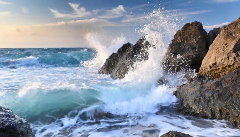 Dramatic Seascape with Crashing Waves on Rocky Shore Stock Image ...