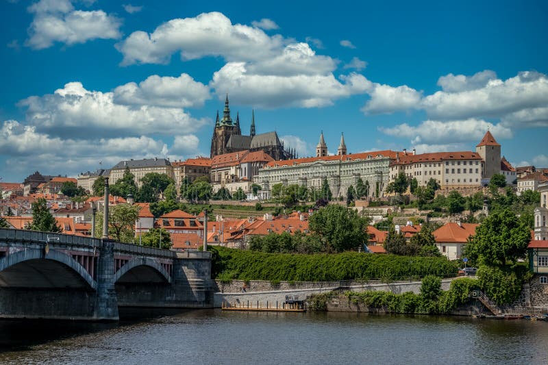 Panoramic View of Prague Castle and Manes Bridge Stock Photo - Image of ...