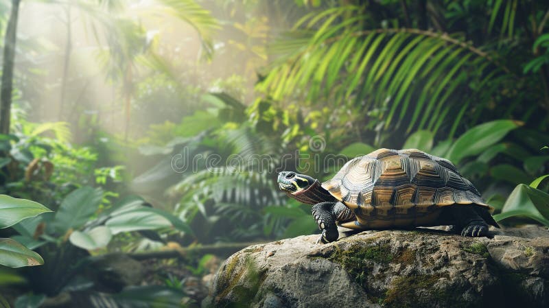 Panoramic View of Rainforest with Smiling Tortoise on Rock in Summer ...