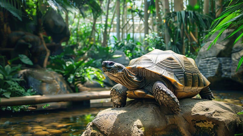 Panoramic View of Rainforest with Smiling Tortoise on Rock in Summer ...