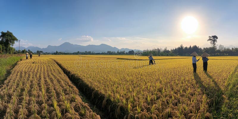 A Panoramic View of a Rice Field with Farmers Harvesting Under a Bright ...