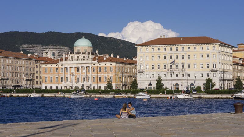 Panoramic View of the Rive of Trieste, Stone Promenade Along the Harbor ...