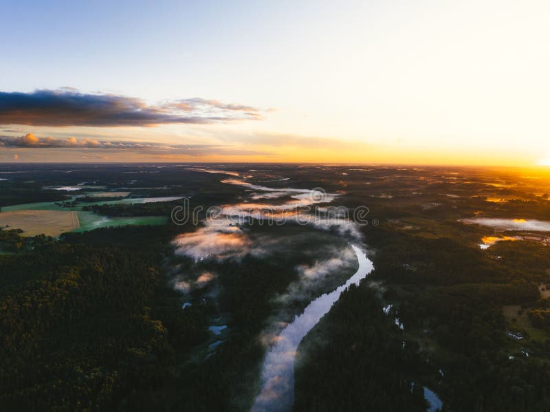 Panoramic View of a River through the Forest with a Beautiful Sunset ...