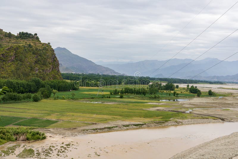 Panoramic View of River Swat Flooding Agriculture Fields High Angle ...