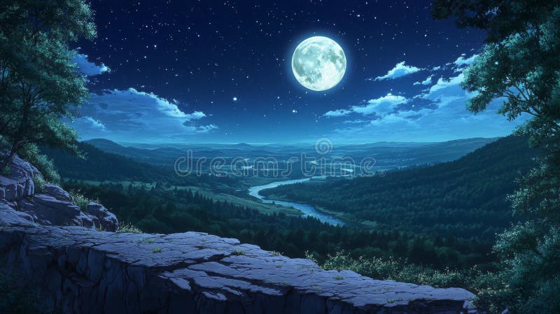 Panoramic View from a Rock Ledge Under the Bright Full Moon Stock Image ...