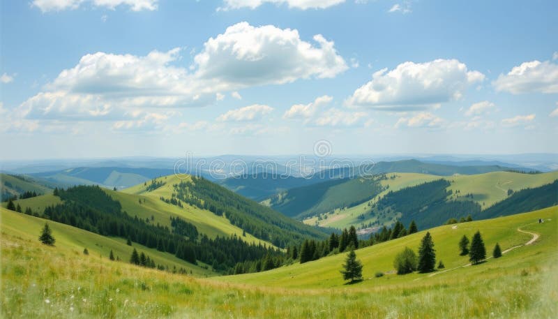A Panoramic View of Rolling Green Hills Under a Partly Cloudy Sky Stock ...