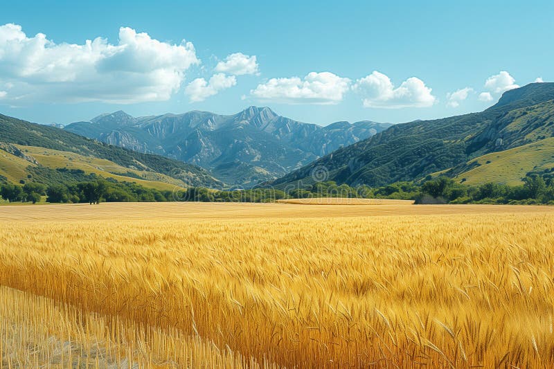 A Panoramic View of a Rolling Wheat Field with Mountains in the ...