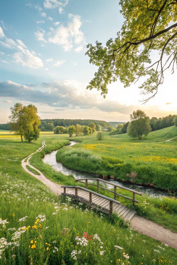 Romantic summer landscape stock illustration. Illustration of bright ...