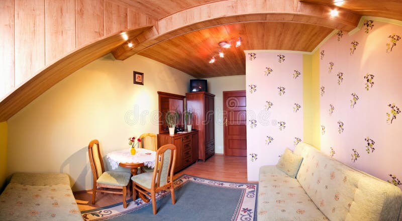 Modern Bedroom Interior in Loft Room Wide Angle Stock Photo - Image of ...