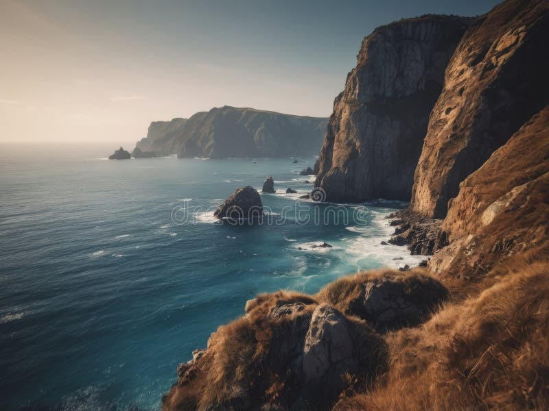 Panoramic View of Rugged Coastline with Towering Cliffs Meeting Deep ...