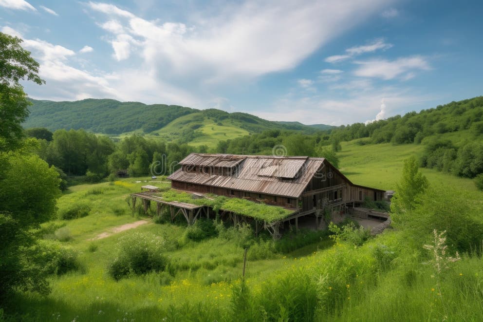 Panoramic View of Rustic Barn Surrounded by Lush Greenery and Rolling ...