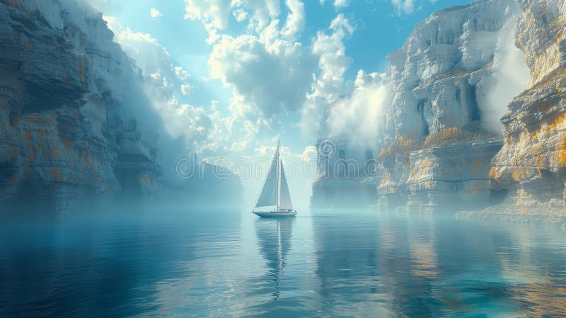 Panoramic View of a Sailboat Navigating between Towering Ocean Cliffs ...